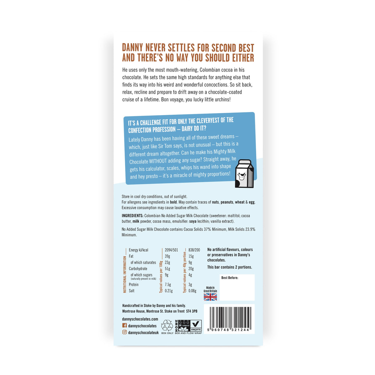 DANNY'S CHOCOLATES - Mighty Milk No Added Sugar SRP - 80g